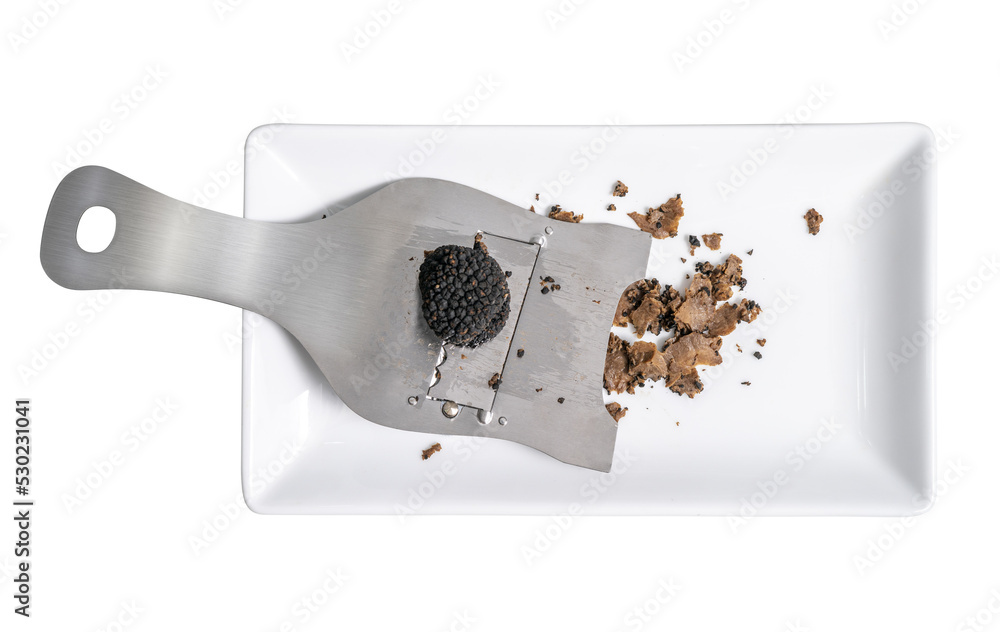 Black truffle and truffle slicer isolated on white background With ...