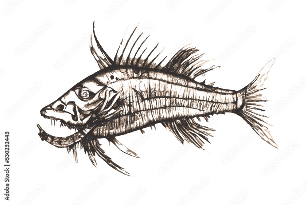 Fish skeleton. Fantastic Sea monster. Doodle sketch. Vector ...