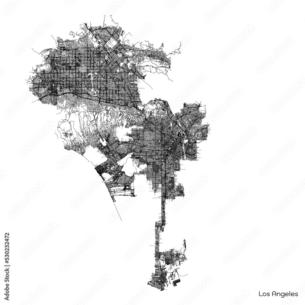 Los angeles map with roads and streets, United States. Vector outline ...