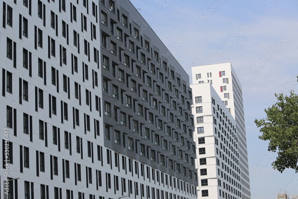 New building facade in housing complex "Green Park. PIK", Moscow city ...