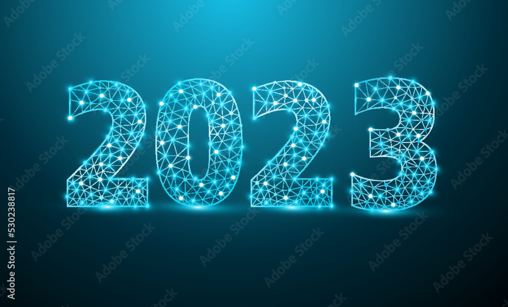 Technology concept 2023 new year text design with mesh stylish alphabet ...