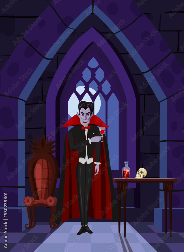 Dracula vampire character welcomes guests in black red cape with ...