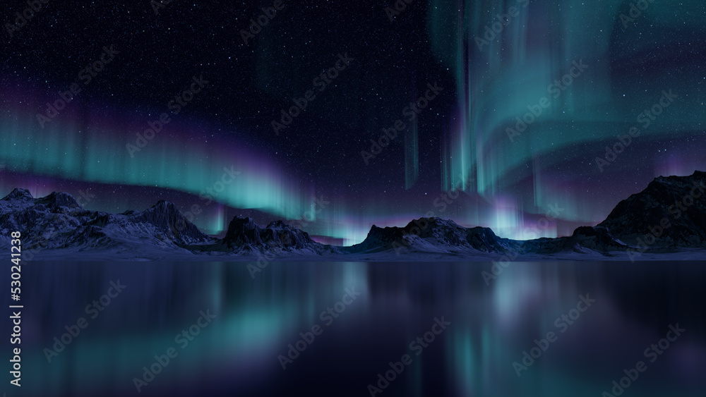Winter Terrain with Aurora Lights. Blue Sky Background with copy-space ...