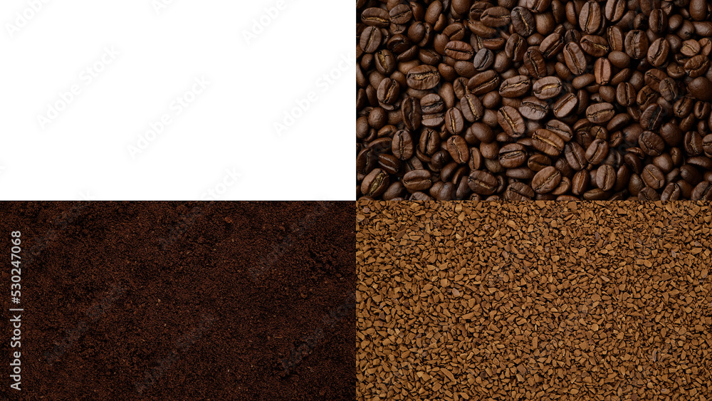 Different types of coffee. Coffee beans, ground and instant coffee ...