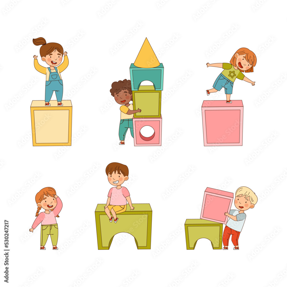 Big Toy Blocks and Playful Children Carrying Them Around Building Tower ...