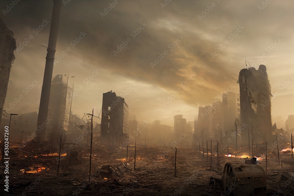 A post-apocalyptic ruined city. Destroyed buildings, burnt-out vehicles ...