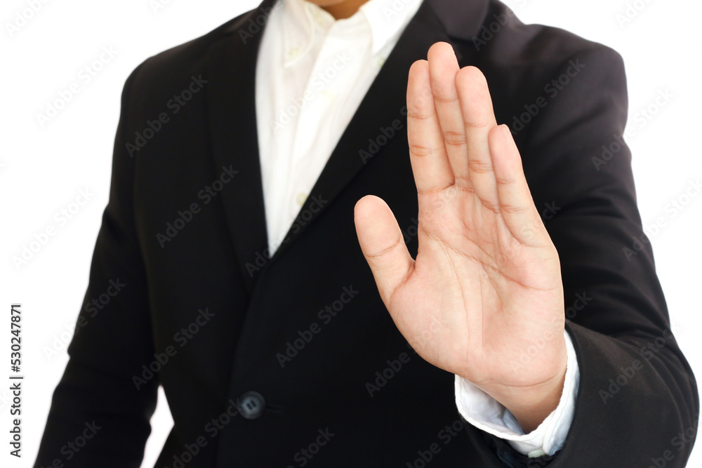 Asian Businessman in a black suit and white shirt showing hold on or ...