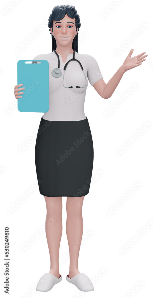 3d render., Doctor cartoon character shows clipboard with blank paper ...