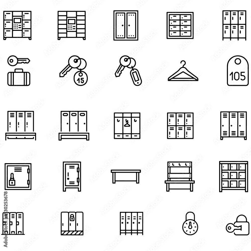 Locker room flat line icons set. Gym, school lockers, automatic left ...