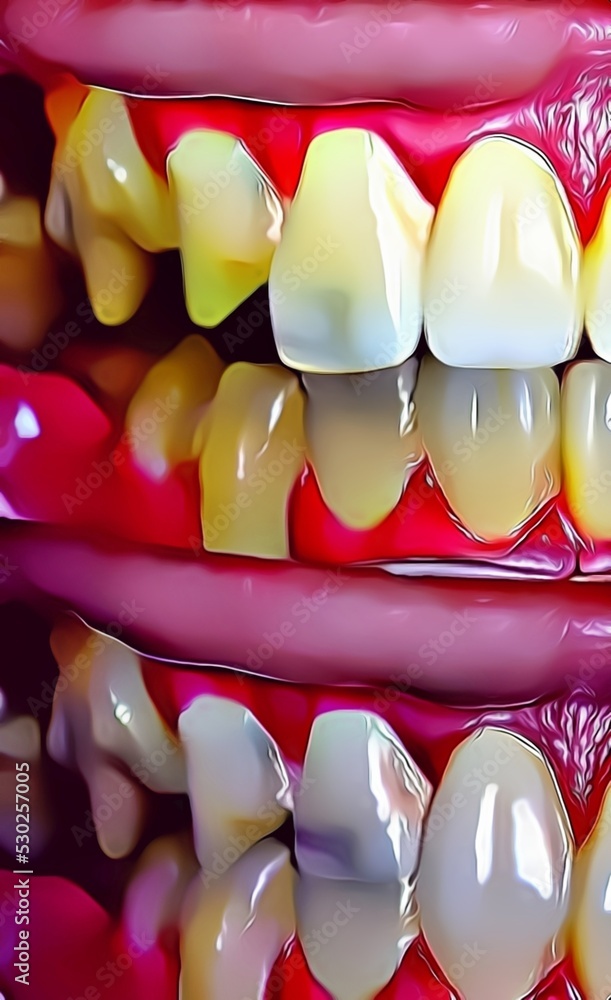 Surreal and conceptual illustration of teeth and dentures in an ...