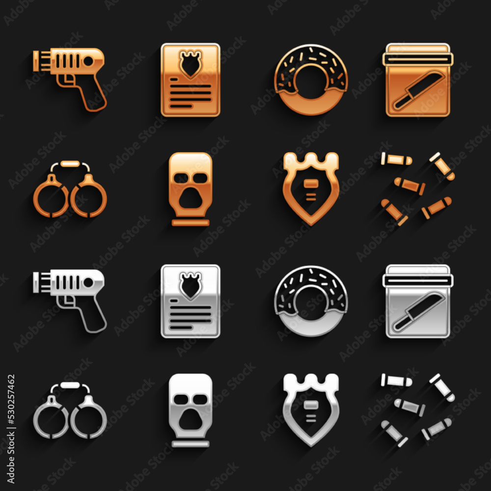 Set Balaclava, Evidence bag with knife, Bullet, Police badge, Handcuffs ...