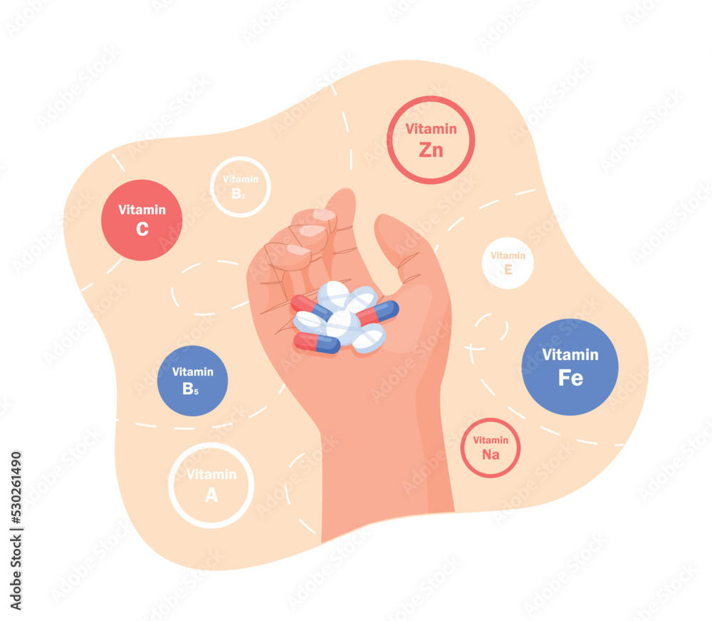 Hand holding vitamins. Medical poster or banner. Micronutrients for ...