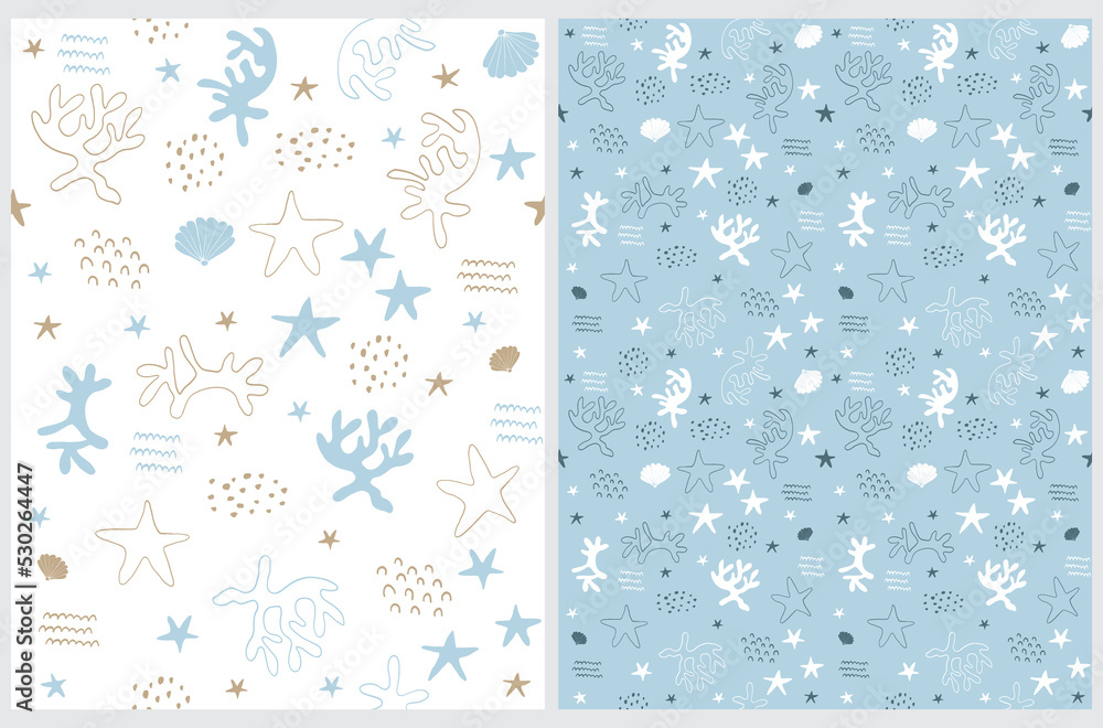 Seamless Vector Patterns with Coral, Starfish, Shell, Waves and Spots ...
