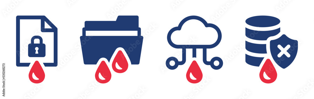 Data leakage icon set. File and folder with data leak or breach sign ...