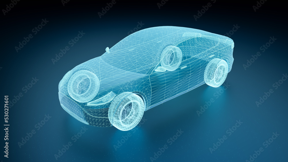 Futuristic car transparent with wireframe topology, modern electric ...