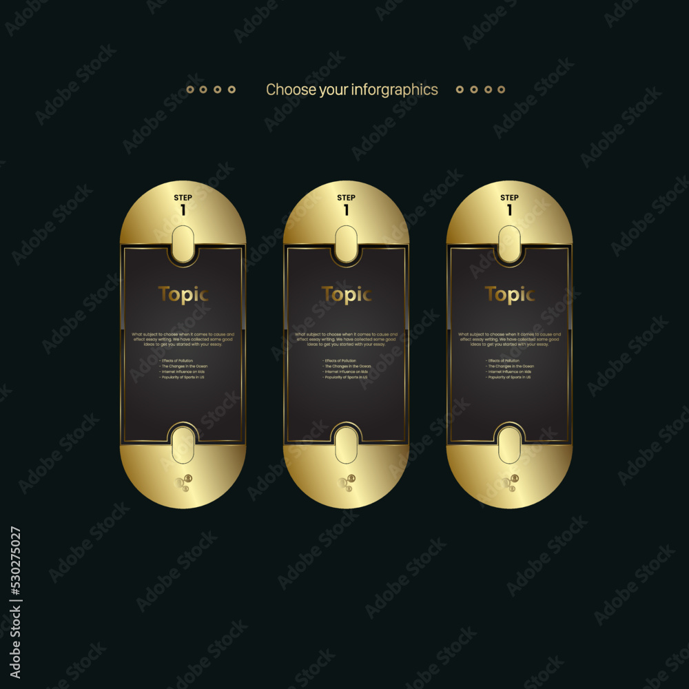 Group of three Premium buttons vectordesign on dark background, Three golden objects styles, new ...