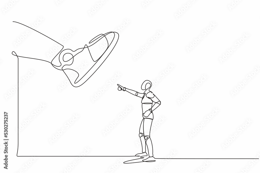 Single continuous line drawing robot facing against giant shoes ...