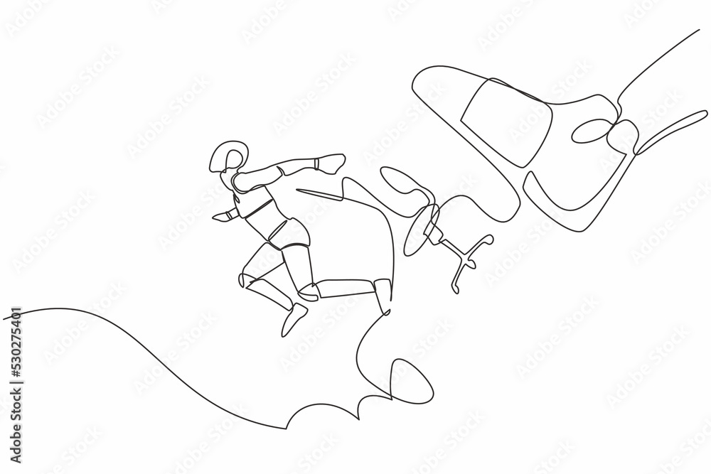 Continuous one line drawing small robot kicked out by big foot. Robot ...
