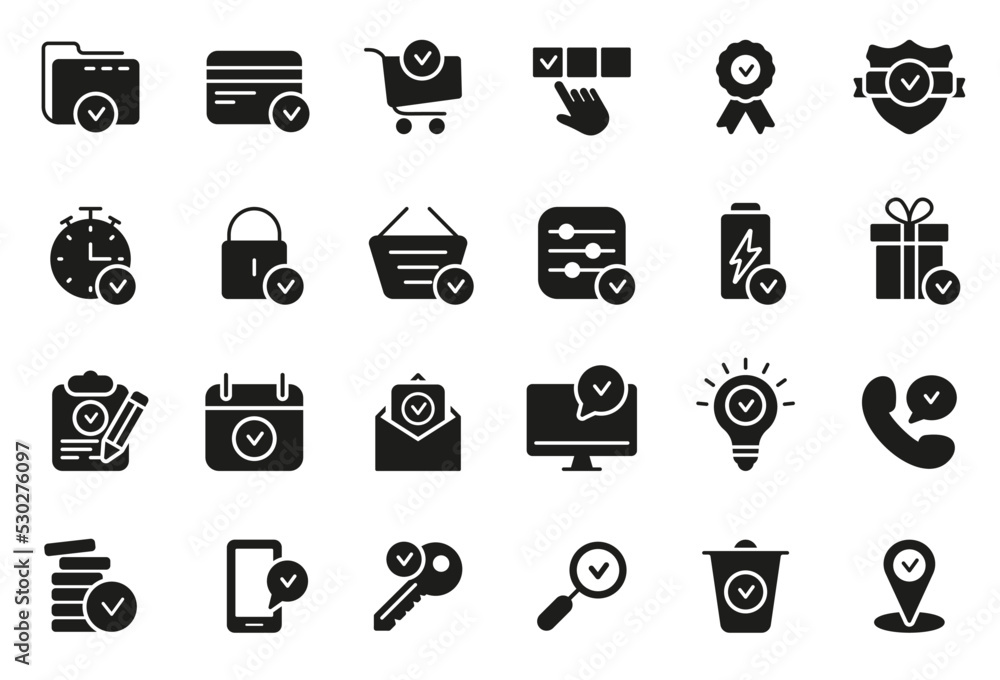 Set of Approve Silhouette Icons. Check Marks, Ticks Black Pictogram ...