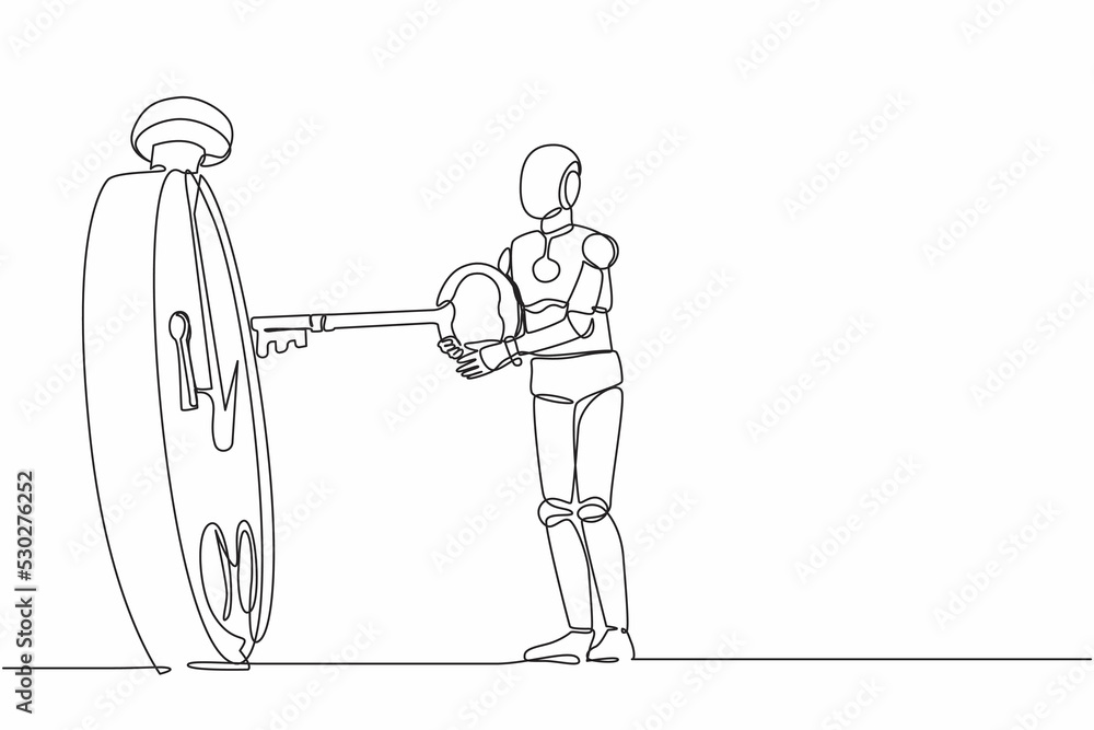 Single continuous line drawing robot putting big key into stopwatch ...