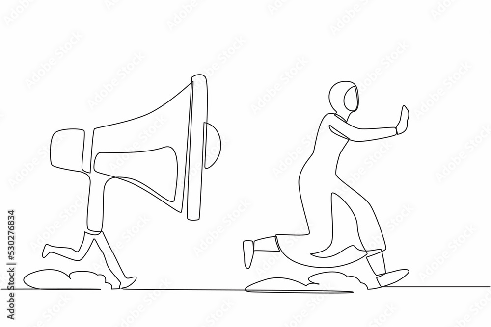 Continuous one line drawing fright Arabian businesswoman being chased ...