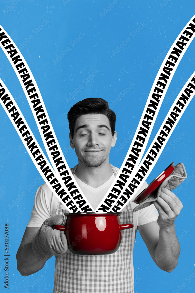 Collage photo of young studen guy hold big red pot kitchen cook some ...