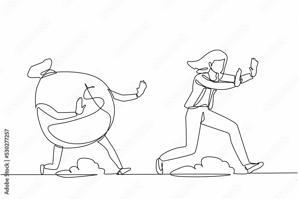 Continuous one line drawing scared businesswoman being chased by money ...
