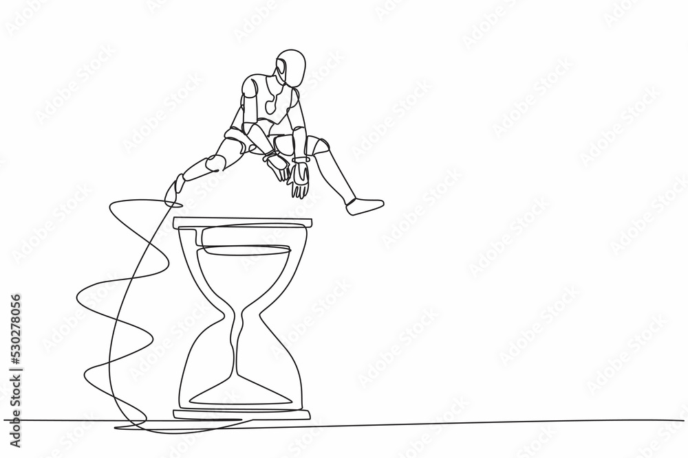 Single continuous line drawing robot jumping over hourglass. Business ...