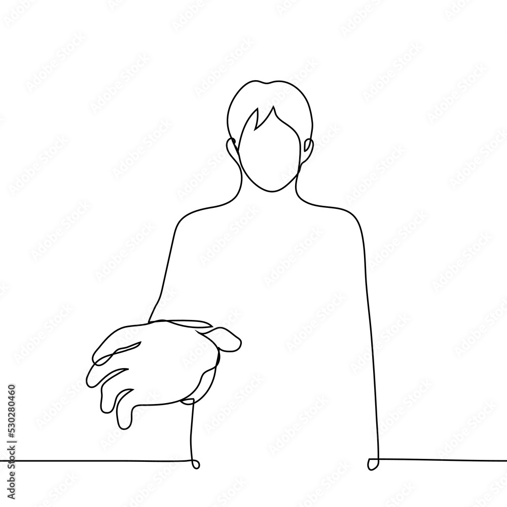 man extended his hand to grab something from the viewer - one line ...