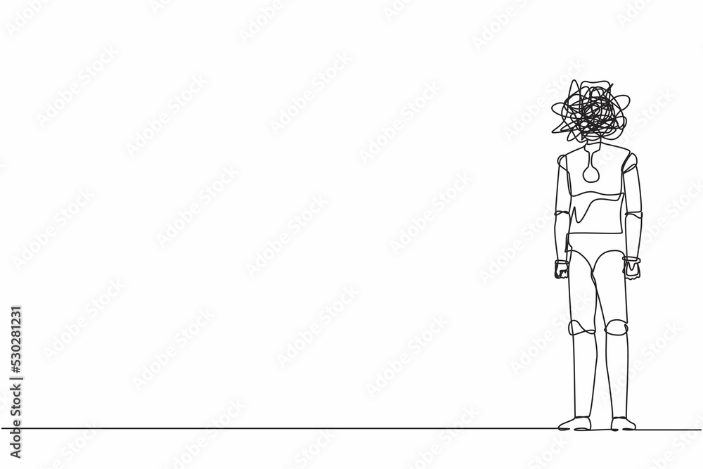 Continuous one line drawing robot with round scribbles instead of head, standing with nervous ...