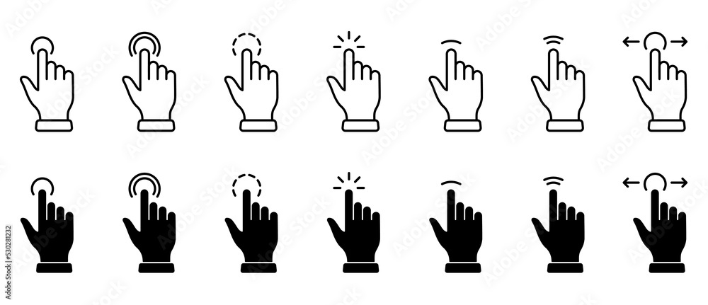 Computer Mouse Cursor Finger Line and Silhouette Icon Set. Hand Pointer ...