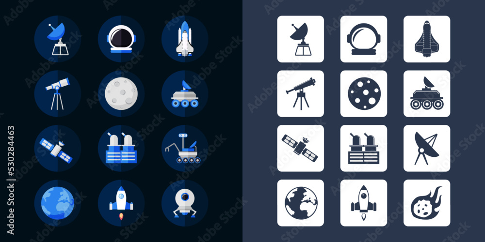 Modern flat color of space research technology icons set. Outline set ...