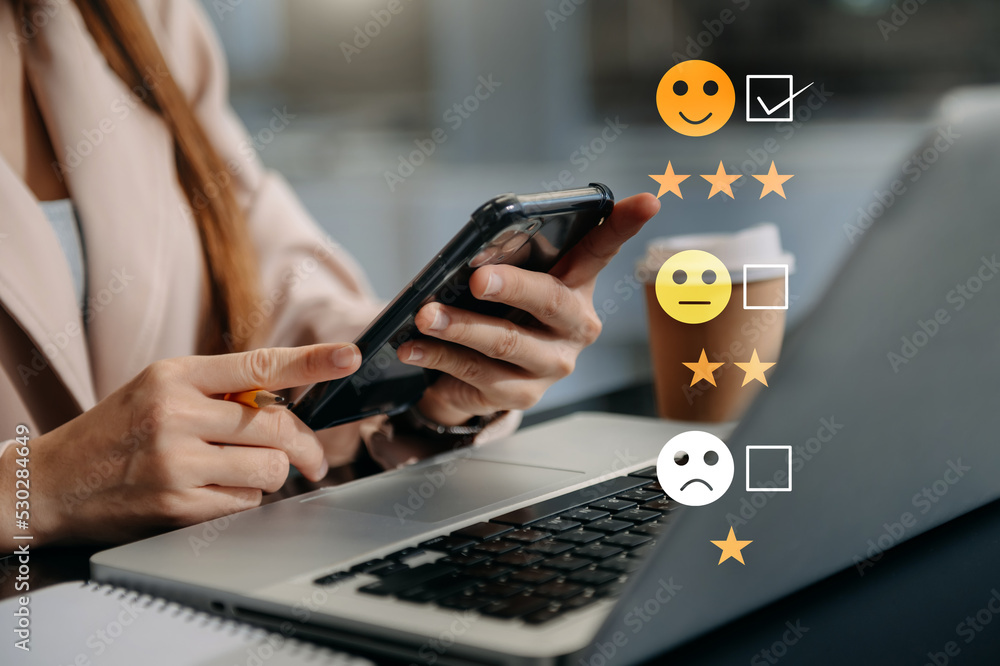 Customer service evaluation concept. woman Show face smile emoticon ...