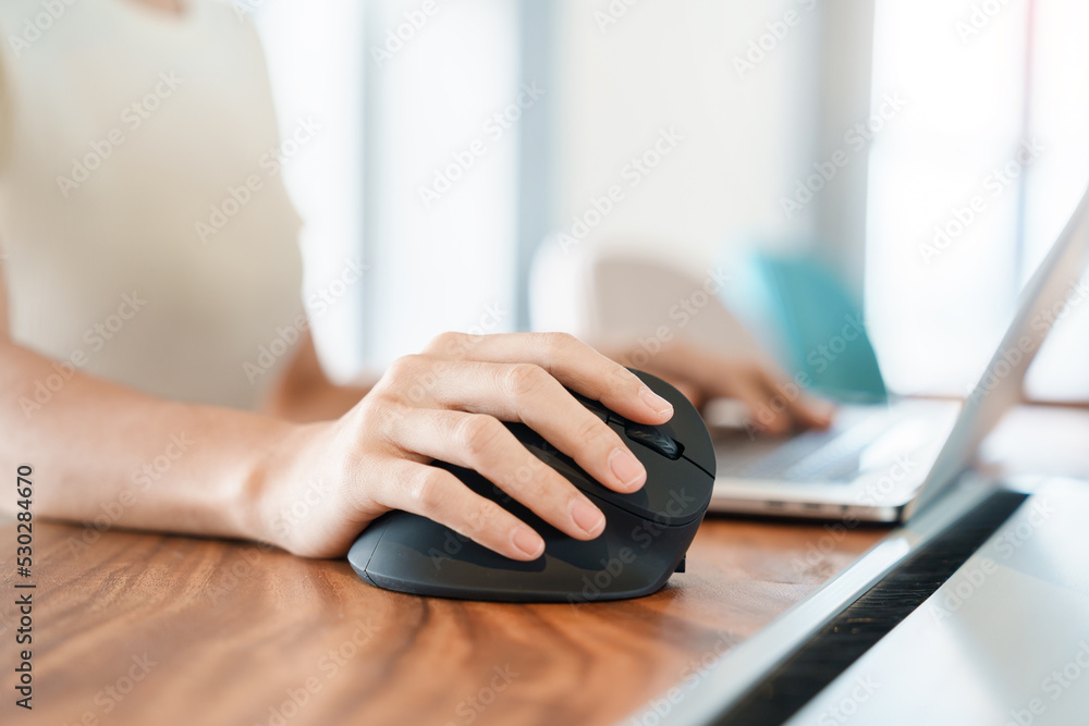 woman hand using computer ergonomic mouse, prevention wrist pain ...