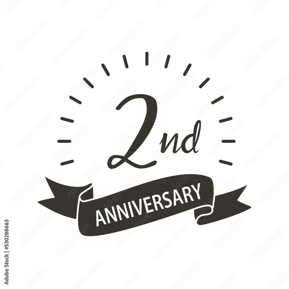 2nd anniversary, logo design template with black ribbon and decoration ...