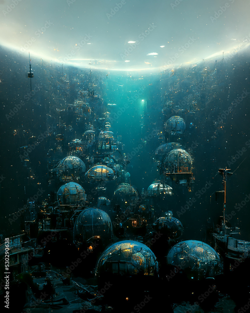 Underwater City Life Science Fiction Scenery 3D Art Illustration. Alien ...