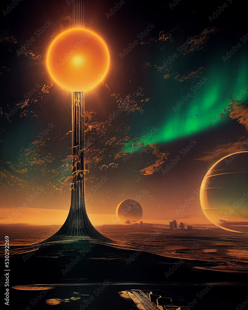 Atomic Energy Tower Sci Fi Retro Futurism Art Illustration Atom Punk Style Futuristic