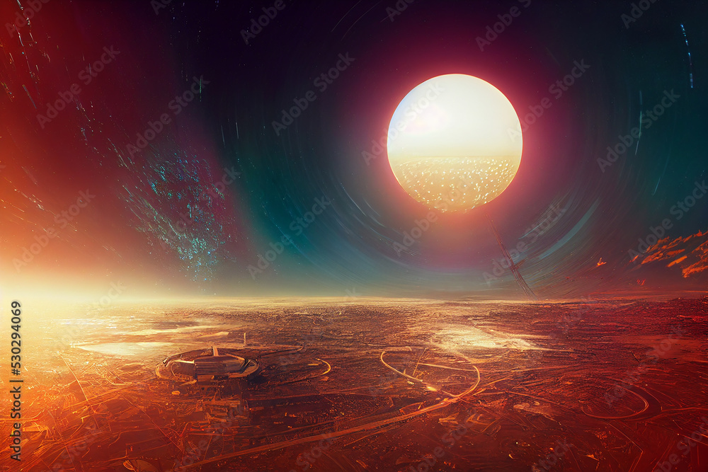 Radioactive Star In Sky Above Ancient Alien Civilization Planet 3D Art ...
