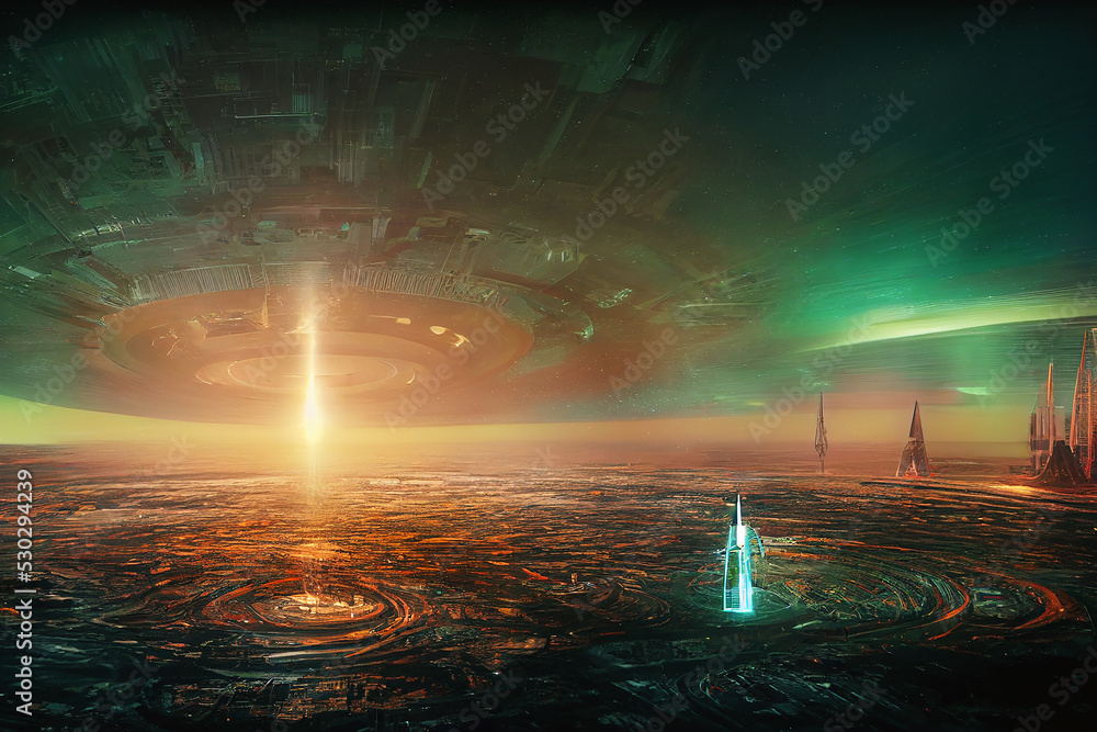 Ilustração do Stock: Huge Radial Spaceship above Metropolis on Alien ...