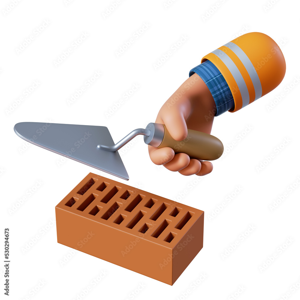 3d render, twisted elastic cartoon human hand holds trowel and red ...