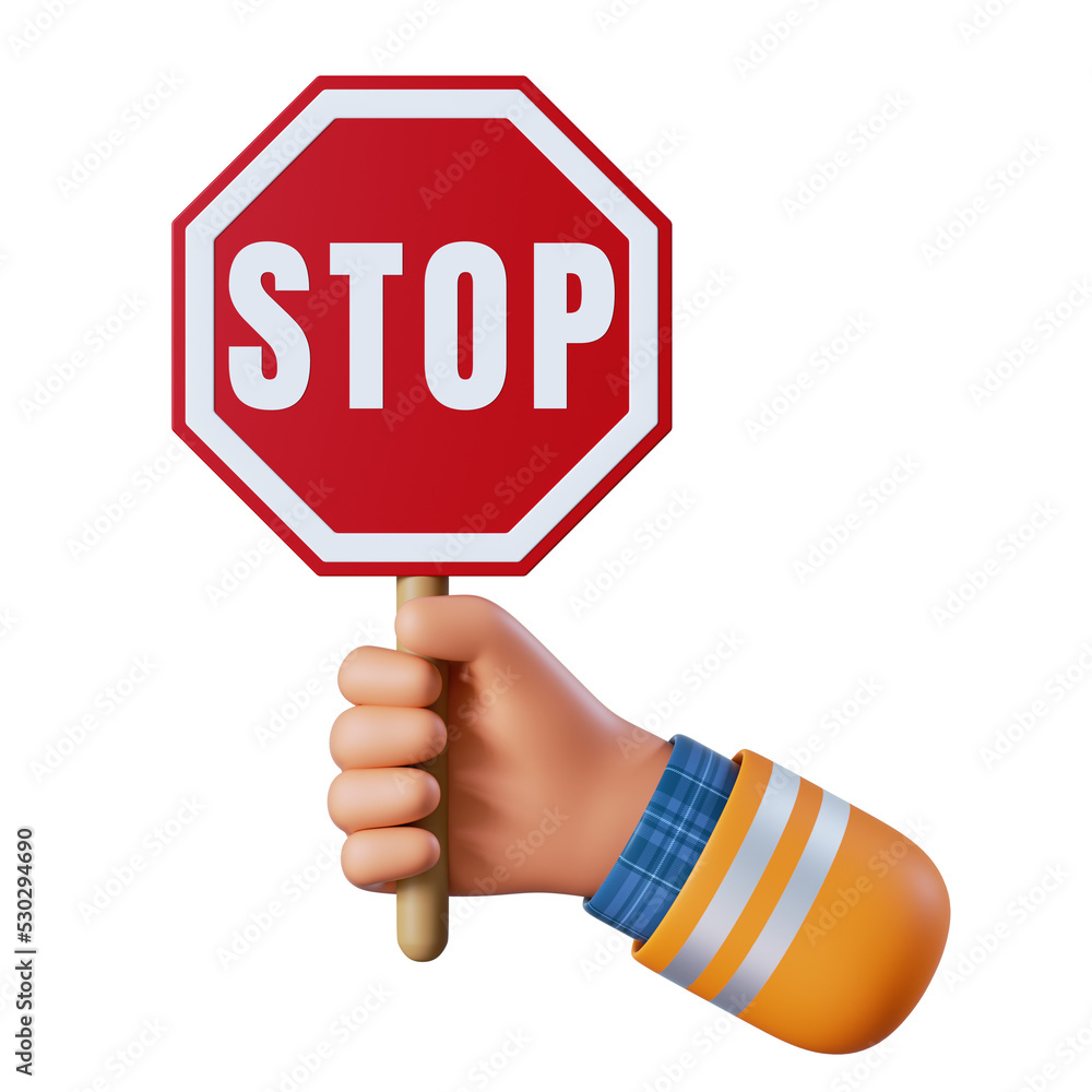 3d Render Cartoon Human Hand Holds Stop Sign Warning Icon Safety