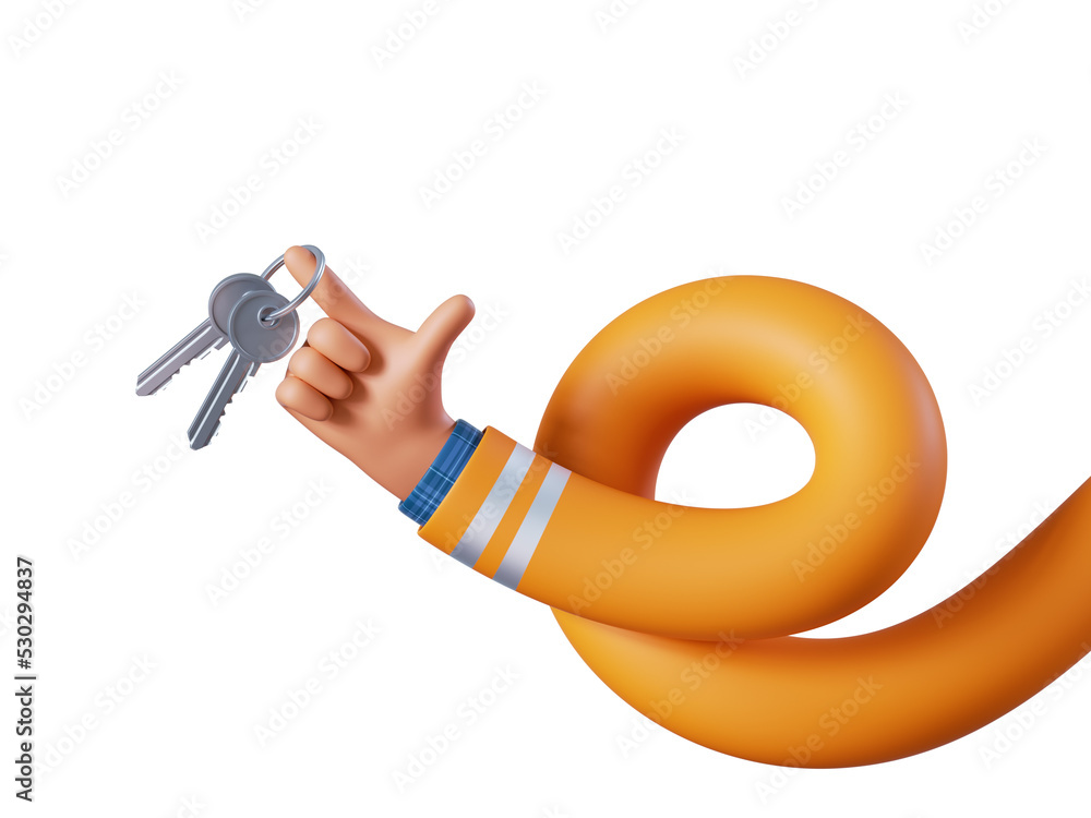 3d render, flexible spiral twisted cartoon human hand holds keys. House ...