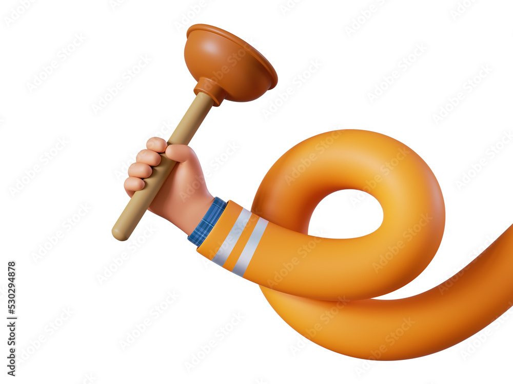 3d render, elastic knotted cartoon caucasian human hand holds plunger ...