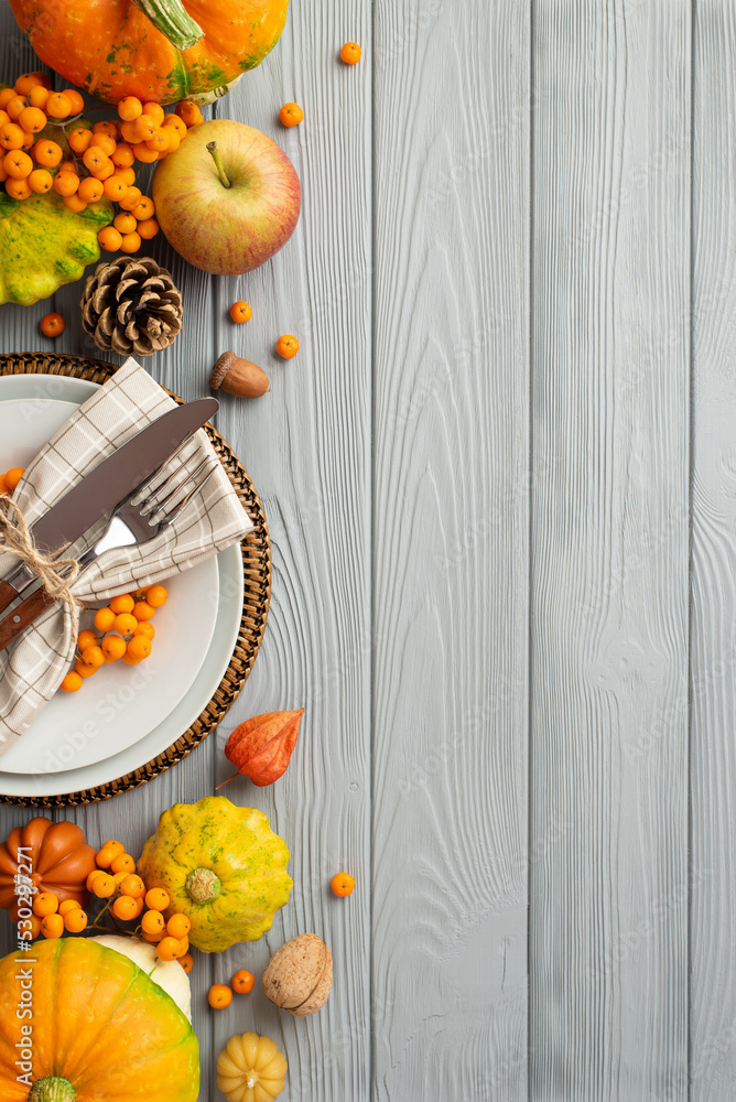 Thanksgiving day concept. Top view vertical photo of plate knife fork ...