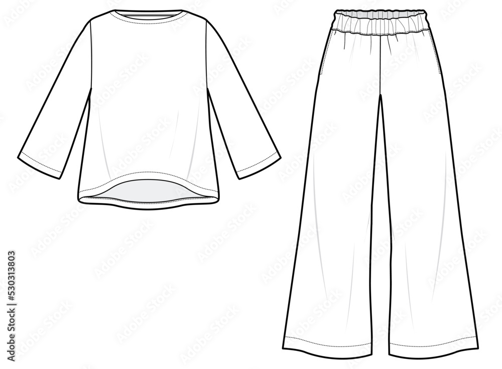 womens sleep wear set t shirt and flared pant fashion flat sketch ...