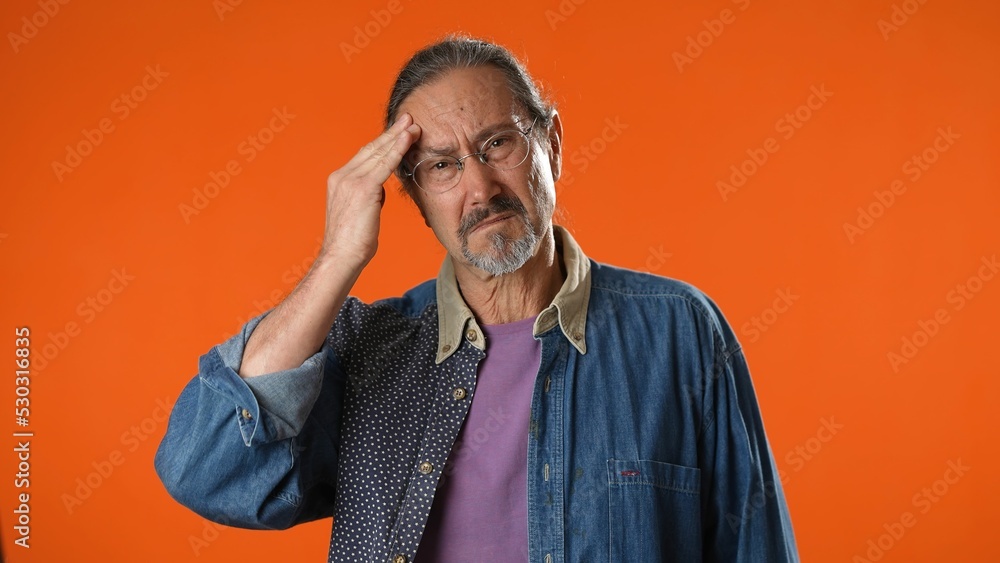 Portrait of man put hands on head rub temples having headache suffering ...