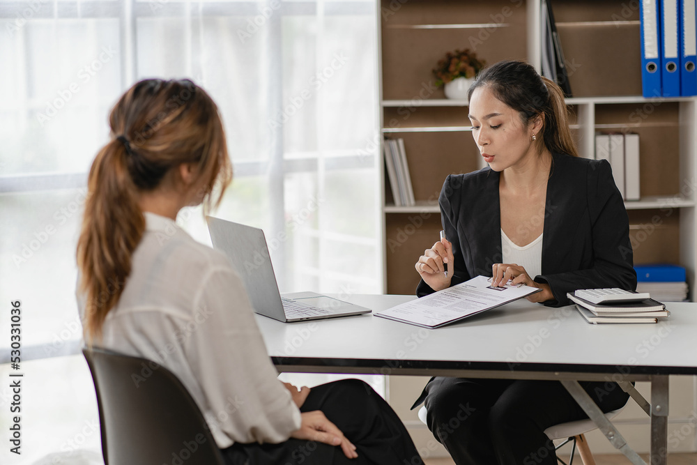 Workplace job idea Asian beautiful woman talks to hr manager for office ...