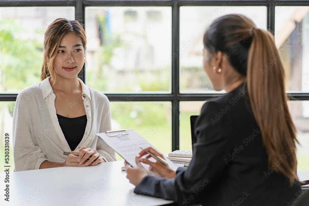 Workplace job idea Asian beautiful woman talks to hr manager for office ...