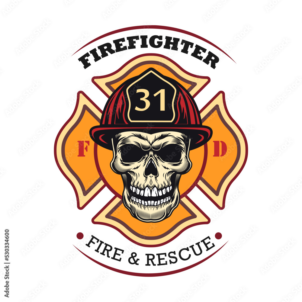 Firefighter patch. Badges with skull in helmet, axes, hydrant, red ...
