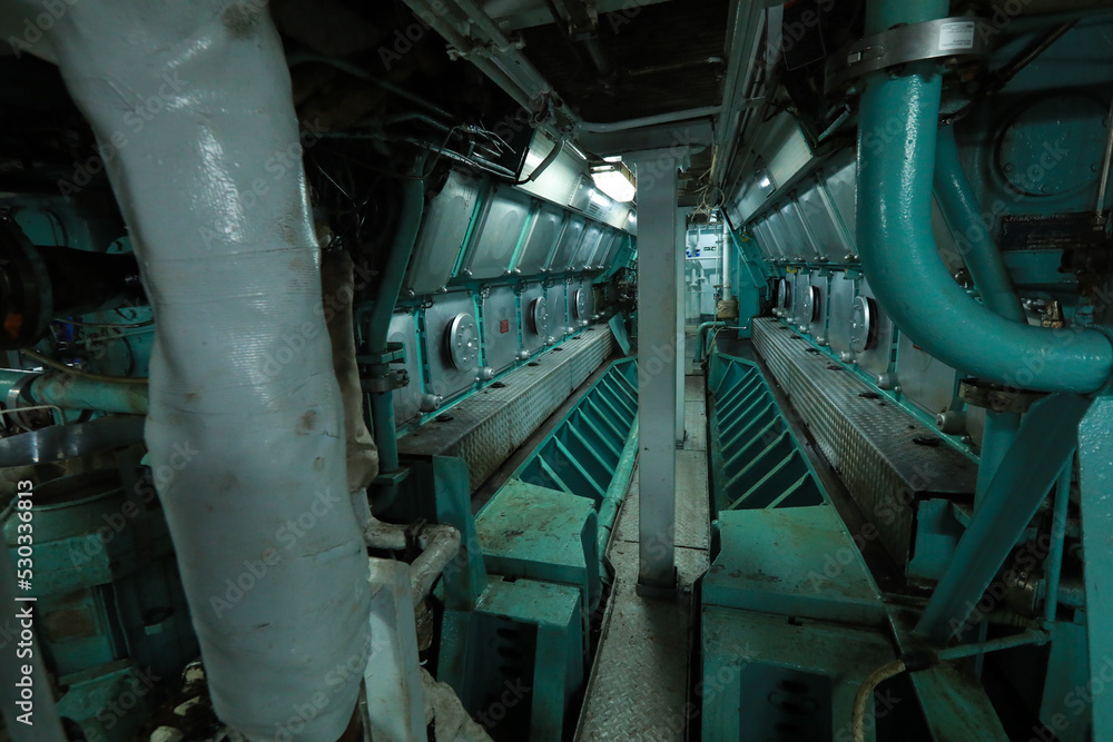 Cruise ship engine room interior with water tight doors electrical and ...